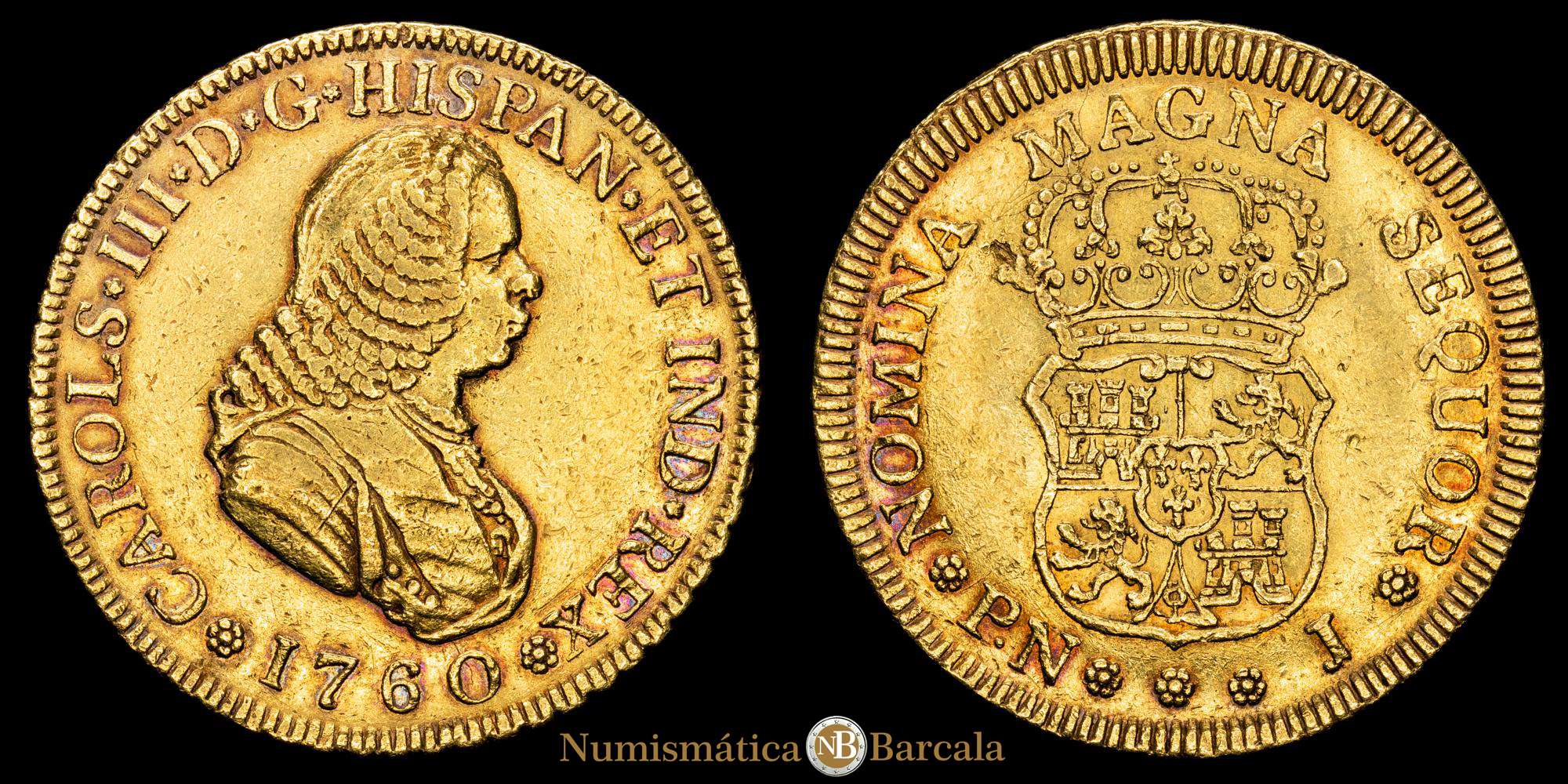 Carlos III. 4 Escudos. (13,41 g.). Popayán. 1760. J. Con los tipos de ...