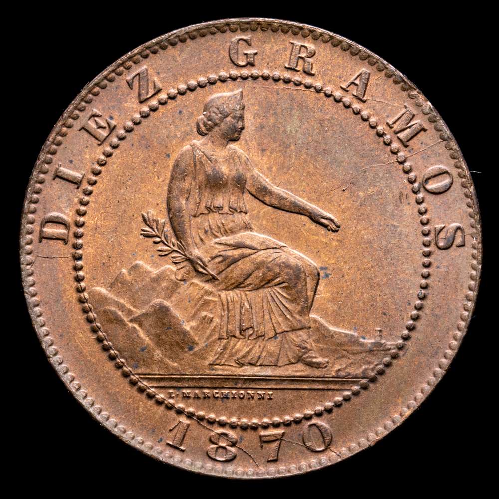 Gobierno Provisional (1868-1871). 10 céntimos. 1870. Barcelon. OM. (Cal ...