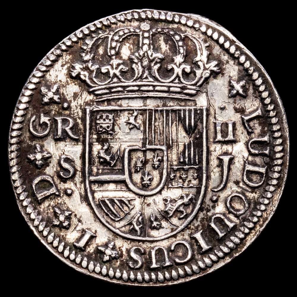 LUIS I. 1724 Sevilla. 2 reales. (CA 29) 5,52 gr Ar. LUDOUICUS. Rara ...
